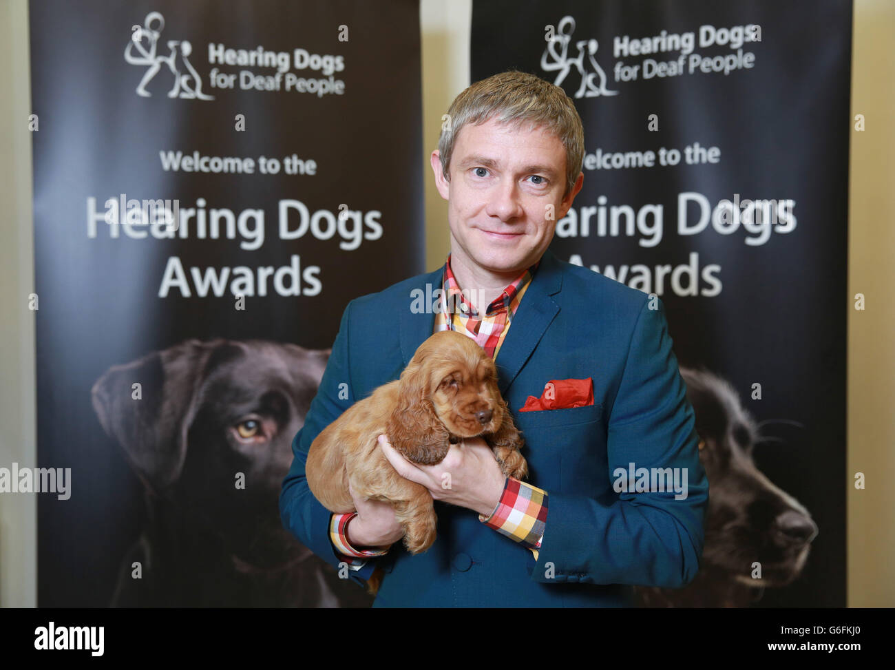 EDITORIAL USE ONLY. Martin Freeman poses with hearing dog puppy Alvin ...