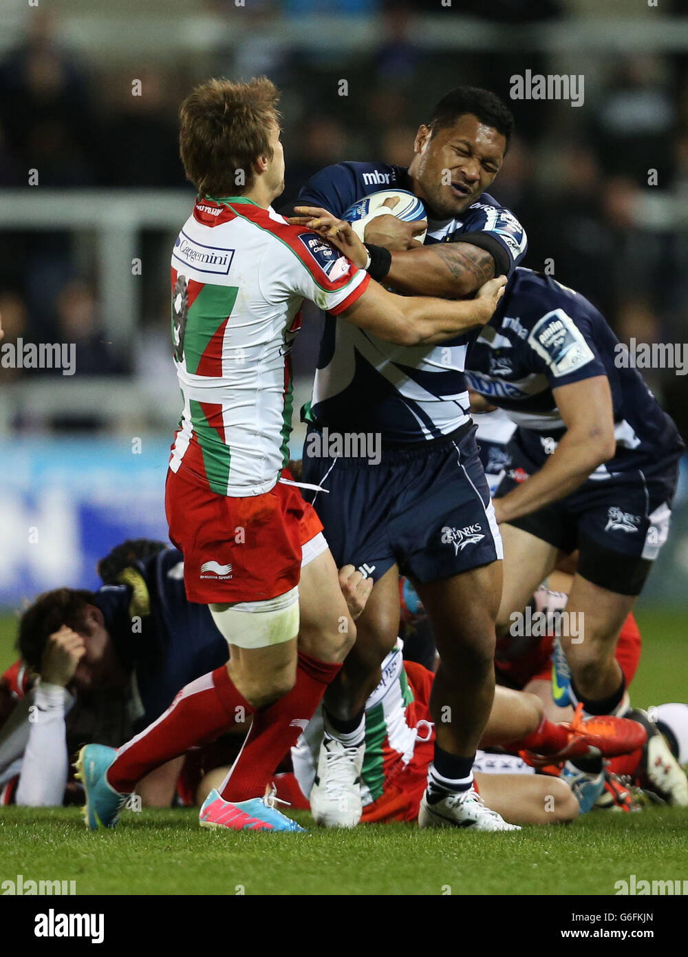 Sale Shark's Johnny Leota and Biarritz's Yann Lesgourgues during the ...