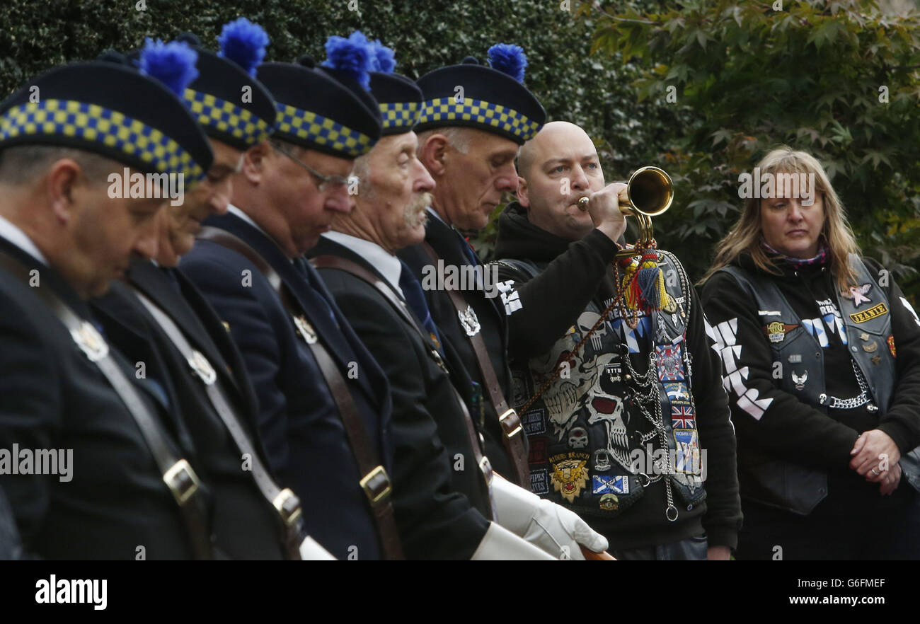 Jim Thomson, the founder of War Torn Troops Remembered, plays a bugle ...