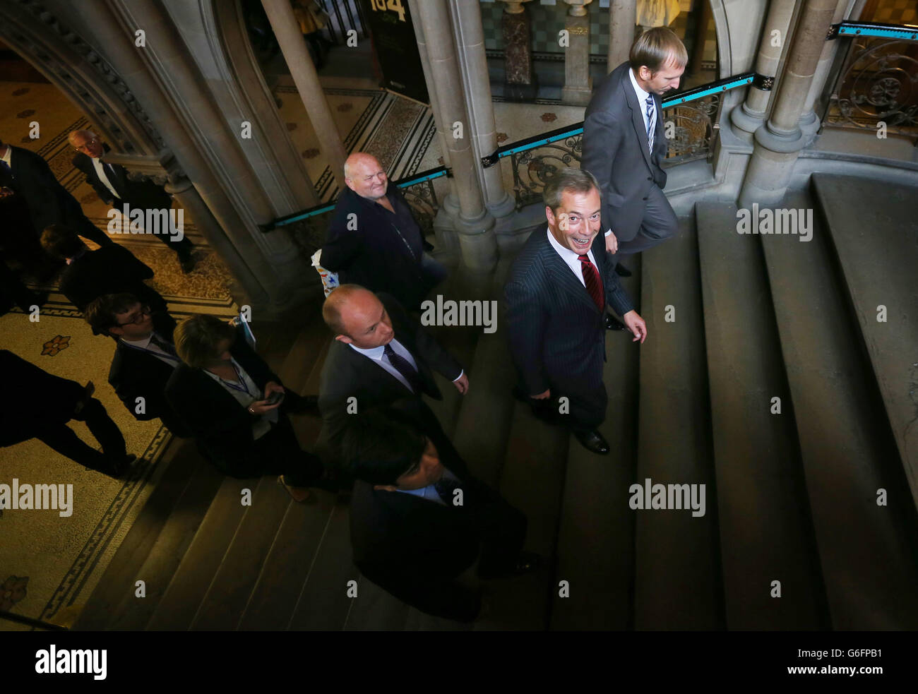 UKIP Party Leader Nigel Farage arrives at Manchester Town Hall for a ...
