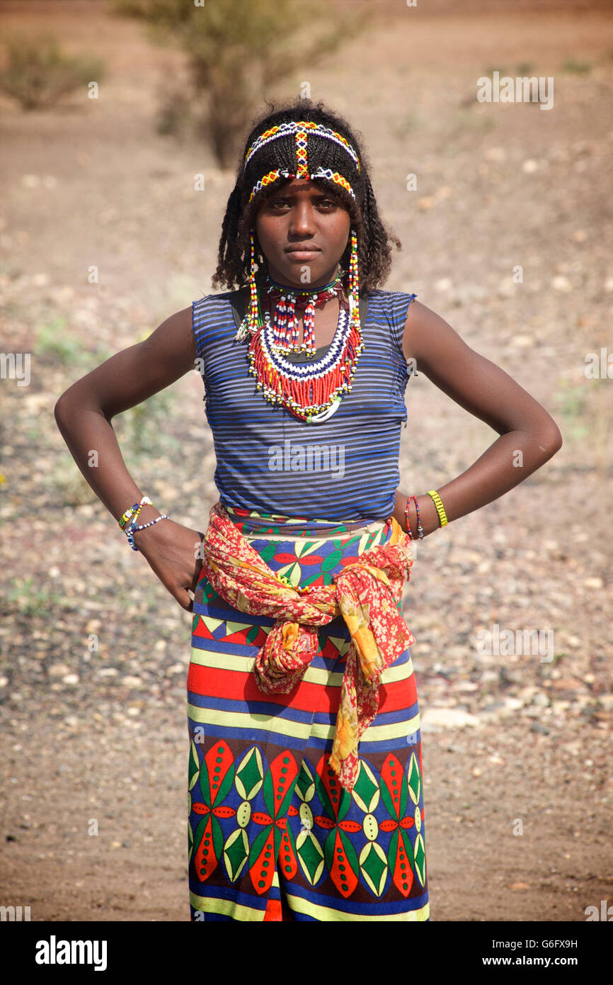 The elaborate hairstyle of an Afar girl. The nomadic Afar live in the ...
