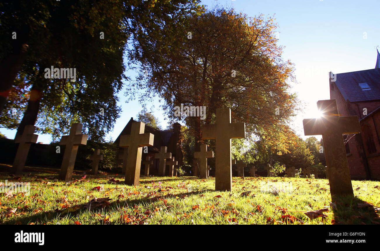 Sunshine casts shadows on gravestones in bishop eaton churchyard hi-res ...