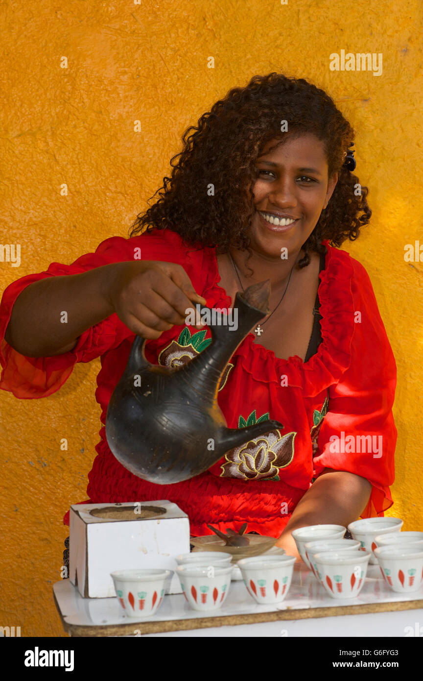 Portrait of an Ethiopian Oromo woman serving coffee. Near Alamata and ...