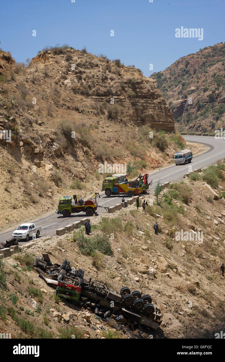 Road accident. Truck crash off the highway and down a slope. Ethiopia ...