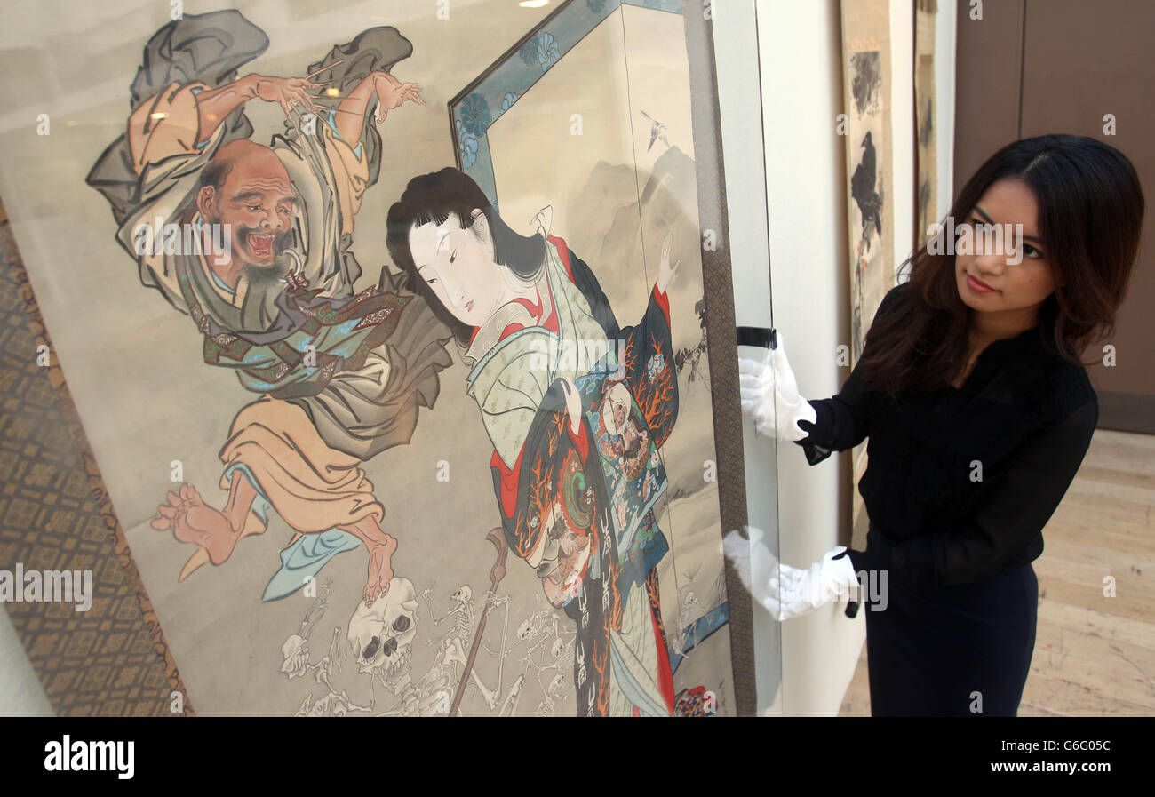 The Japanese hanging scroll-painting, 'Jigoku dayu' by Kawanabe Kyosai ...