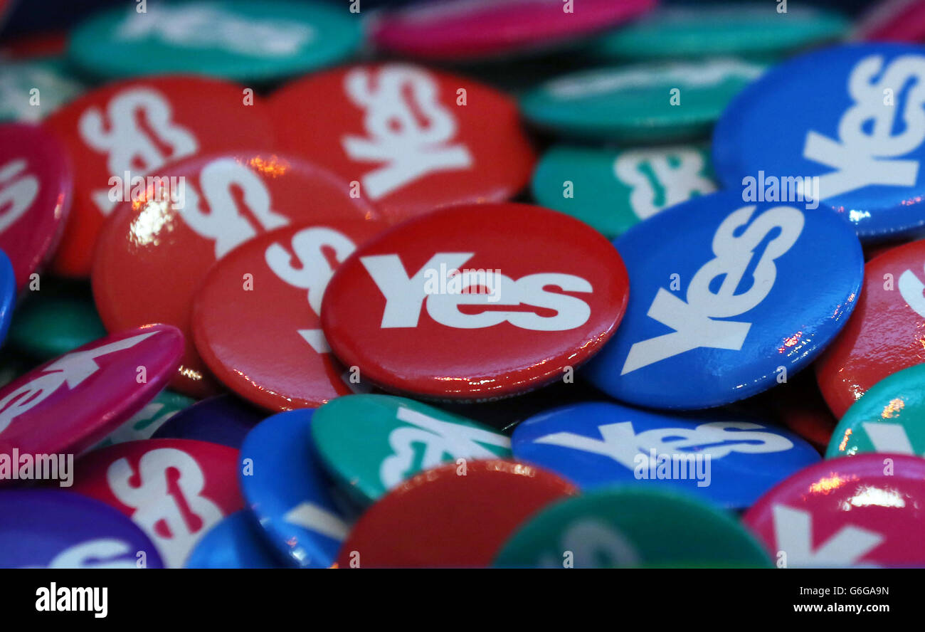 Yes campaign badges on sale at the Scottish National Party conference ...