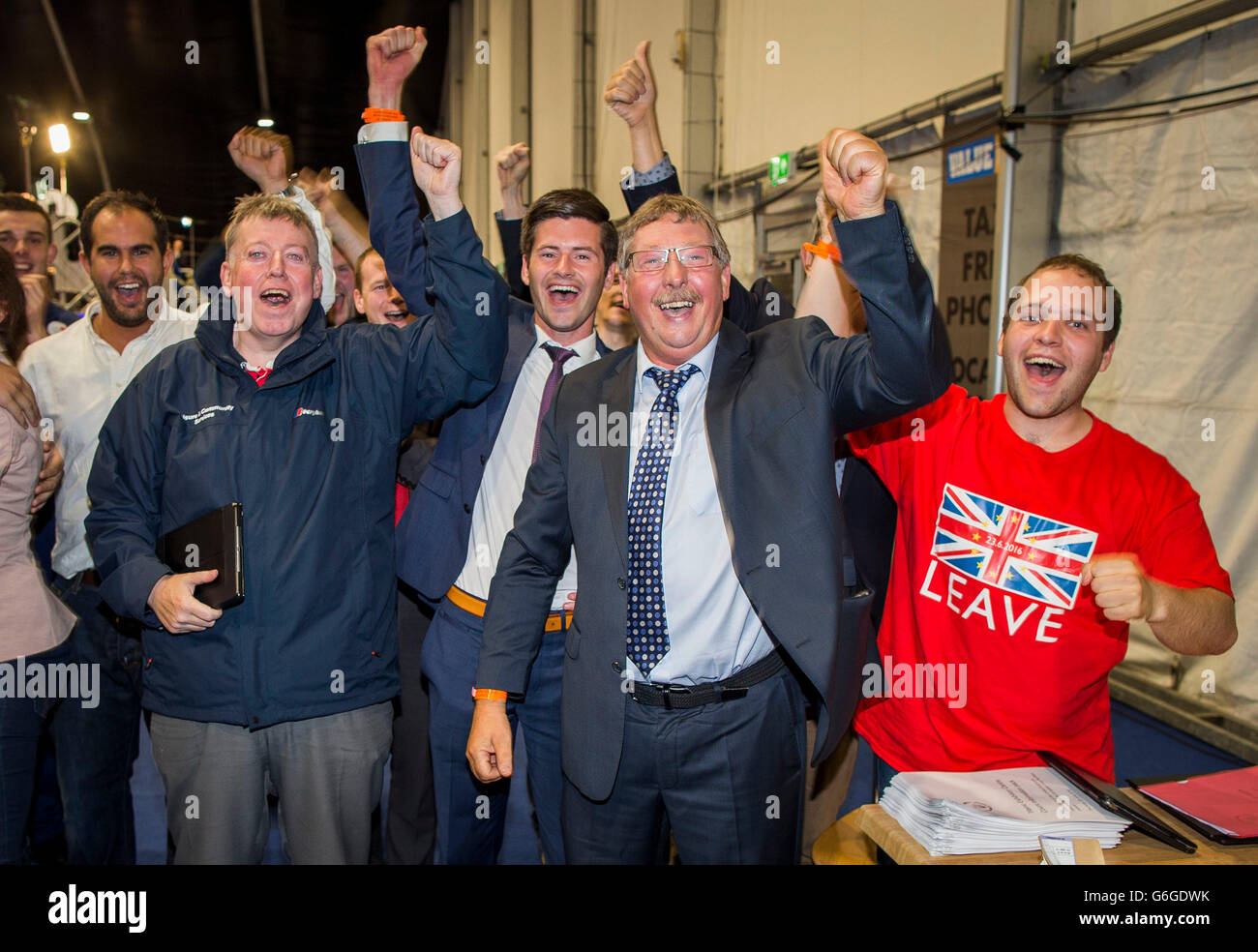 DUP MLA Sammy Wilson (second from right) celebrates with Leave ...