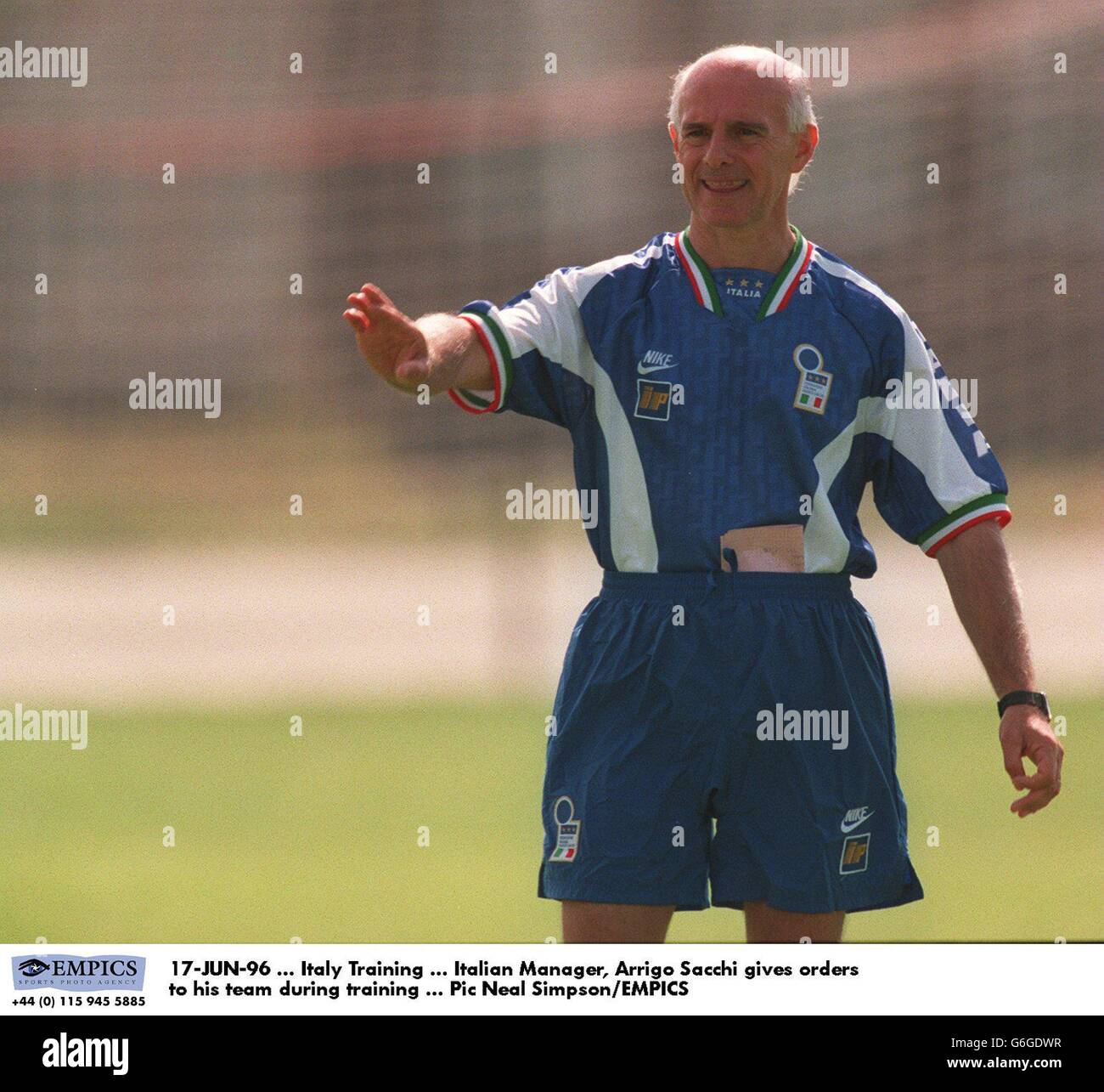 Italian Manager, Arrigo Sacchi gives orders to his team during training ...