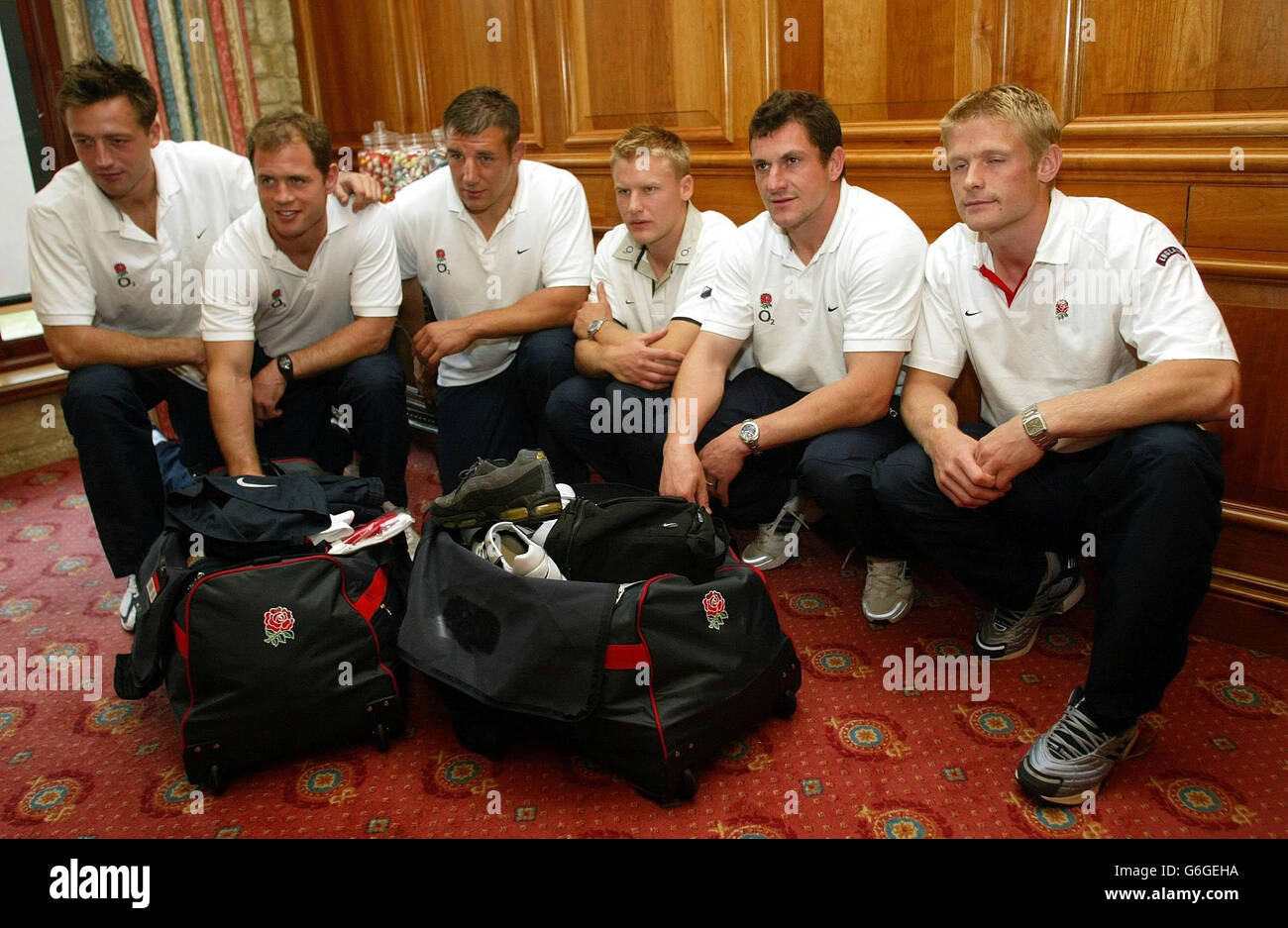 England players (left to right) Dan Luger, Kyran Bracken, Julian White ...