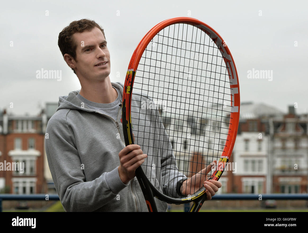 Andy Murray poses with a giant Head tennis racket during a photocall at ...