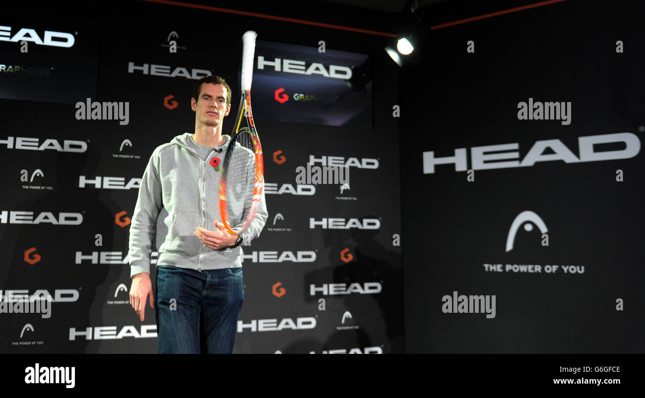 Andy Murray poses with a new Head tennis racket during a photocall at ...