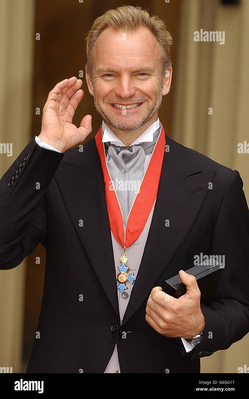 Singer Sting hold his CBE at Buckingham Palace, which he received for ...