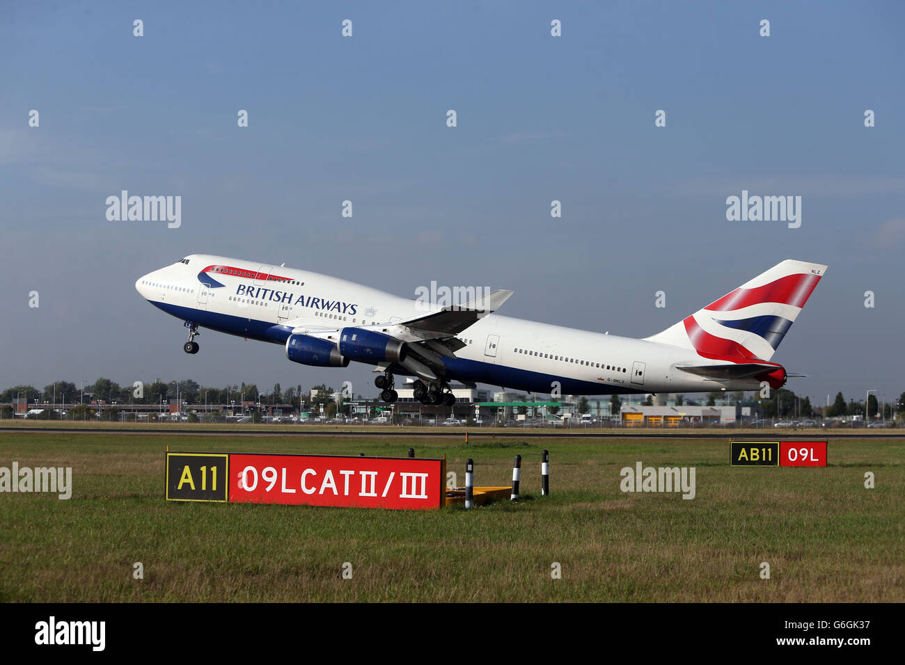 Heathrow Airport Feature. A British Airways 747 plane takes off at ...