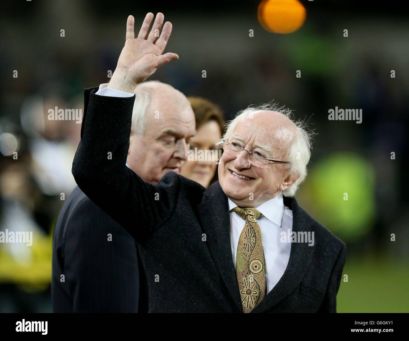 President of Ireland Michael D. Higgins waves to supporters before the ...