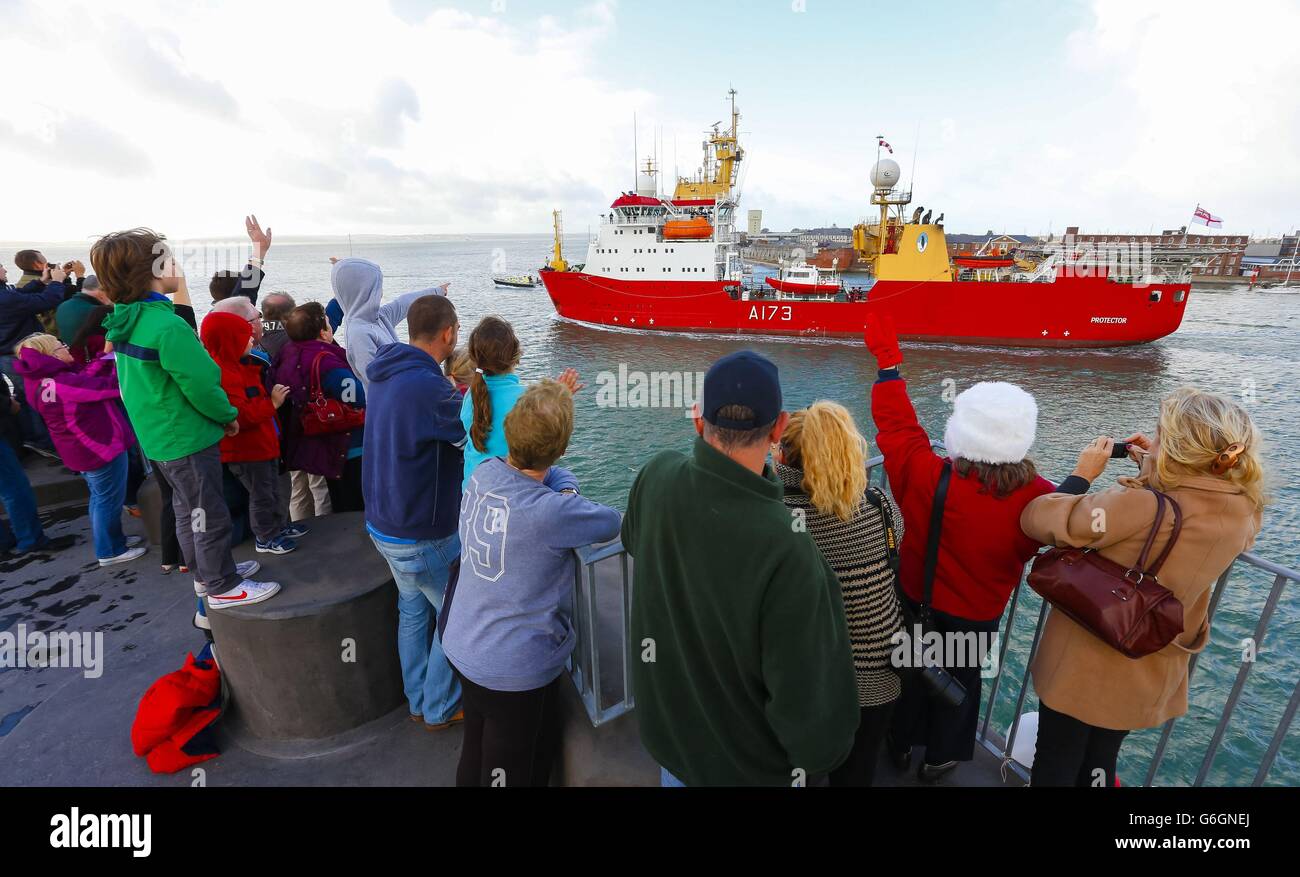 Families of crew wave from the Round Tower as the Royal Navy ice patrol ...