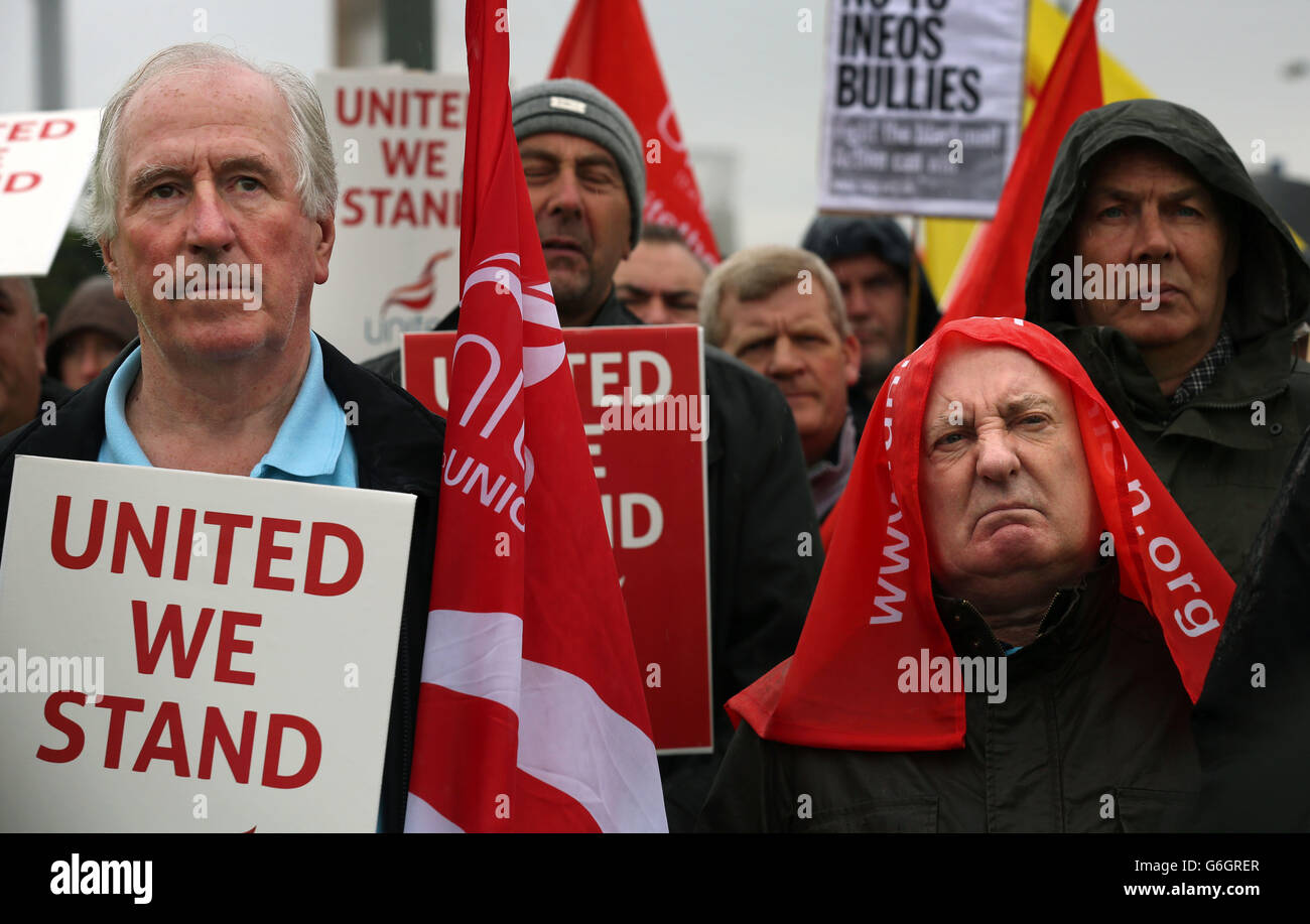 Protesters gather at Grangemouth oil refinery in in Falkirk, Scotland ...