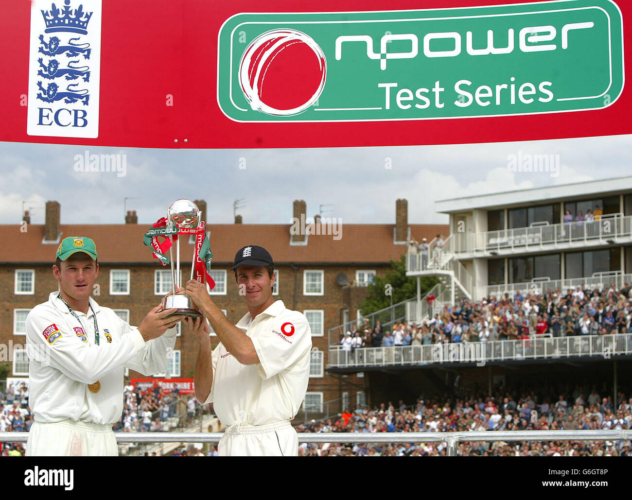 Cricket trophy celebrating graeme smith michael vaughan hi-res stock ...