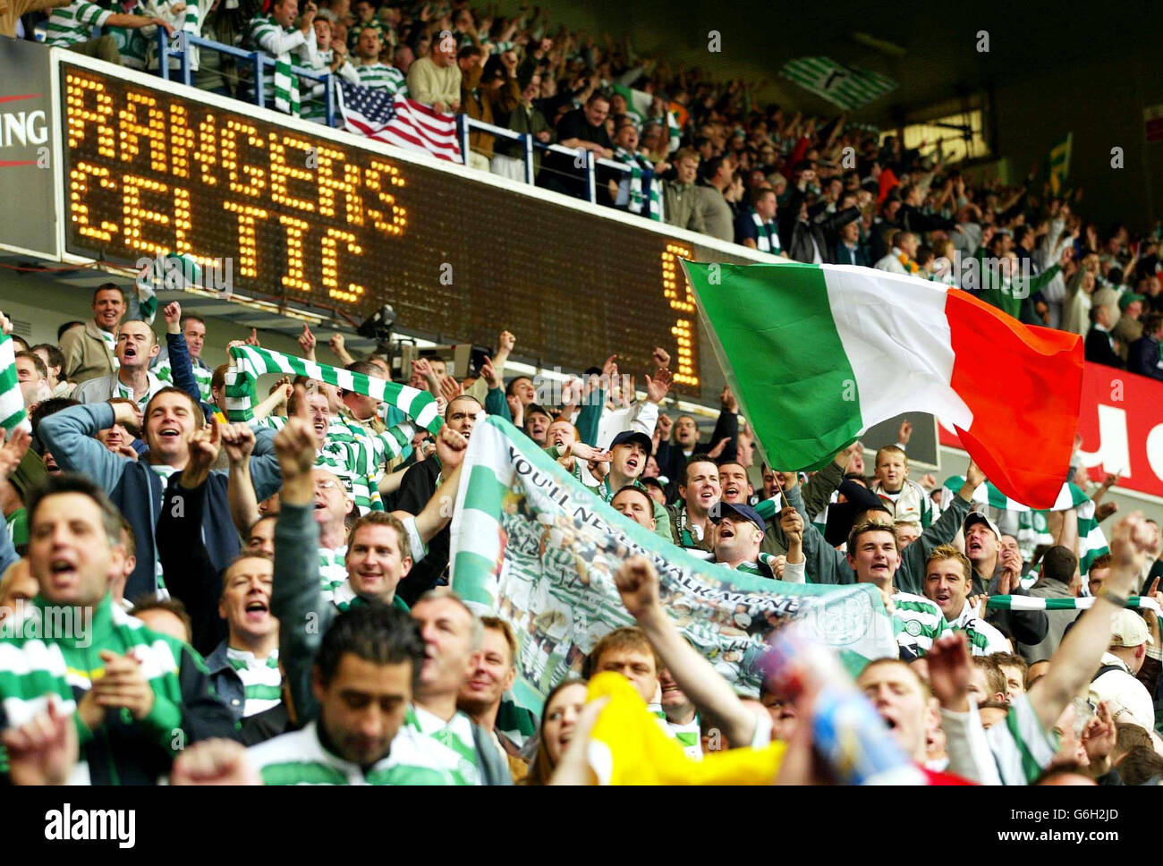 Celtic fans celebrates their victory against Rangers during their Bank ...