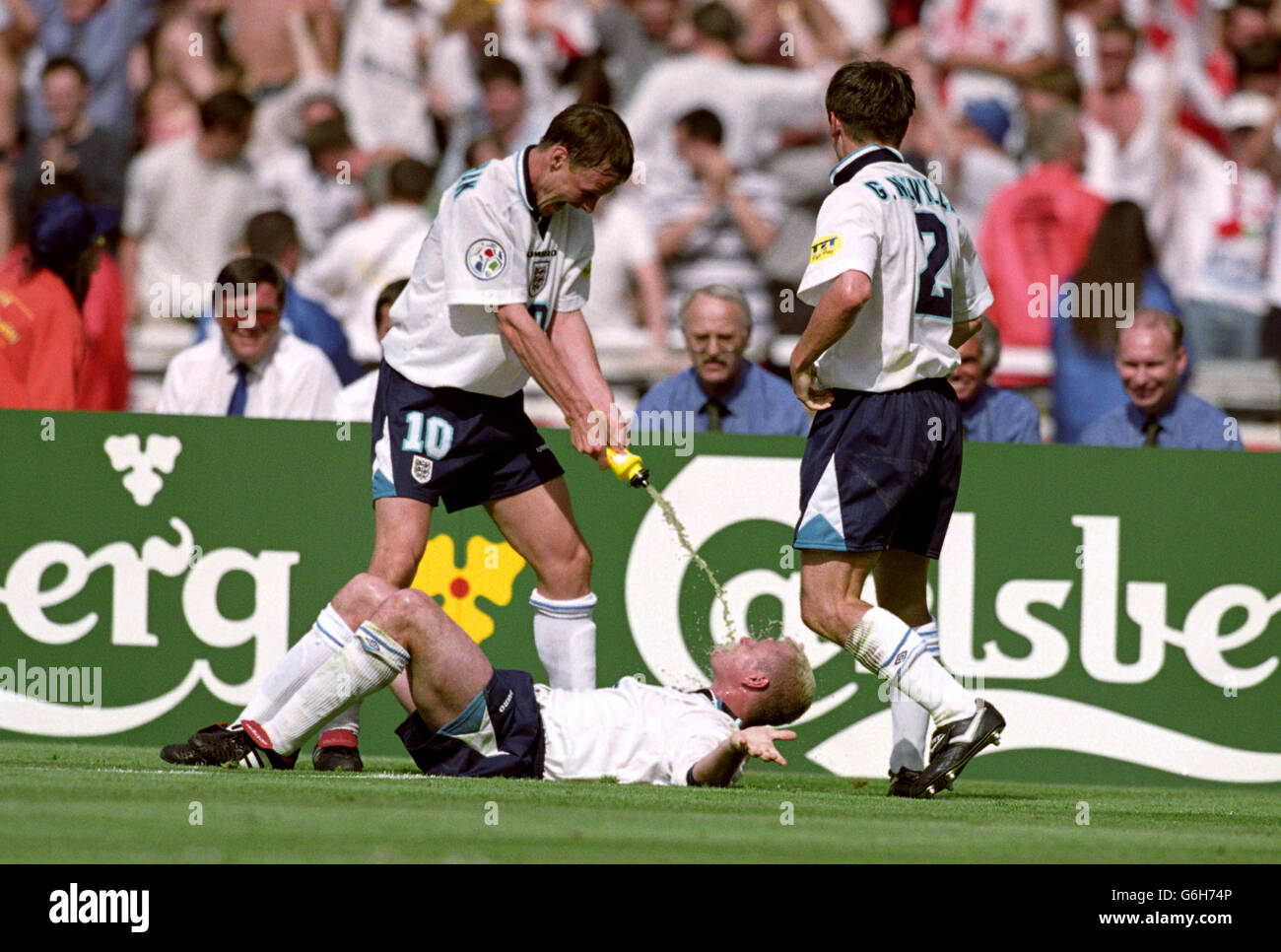 England's Paul Gascoigne (on floor) re-enacts the infamous Dentist's ...