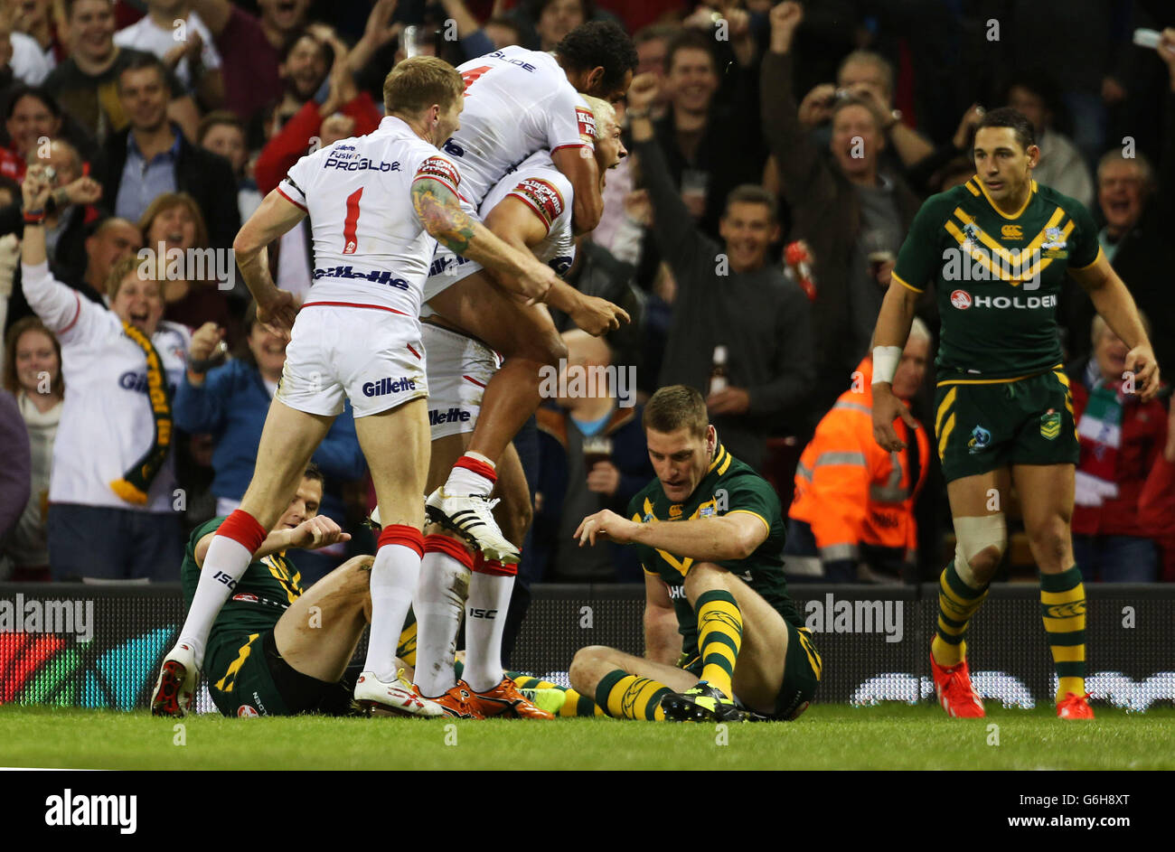 England's Ryan Hall celebrates scoring the first try during the 2013 ...