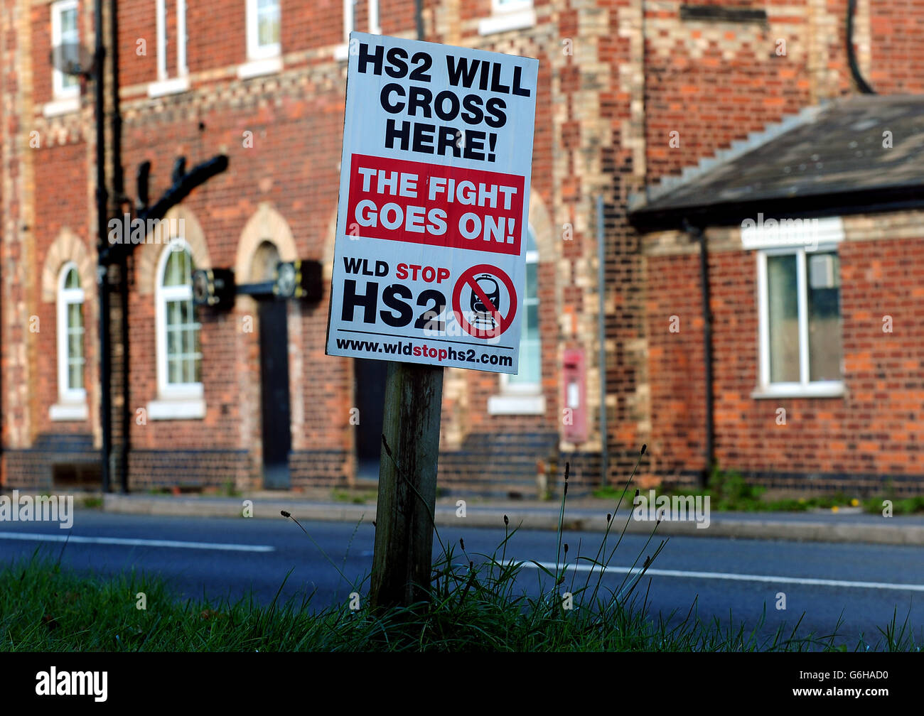 A general view of an anti HS2 sign in Whittington, Staffordshire Stock ...