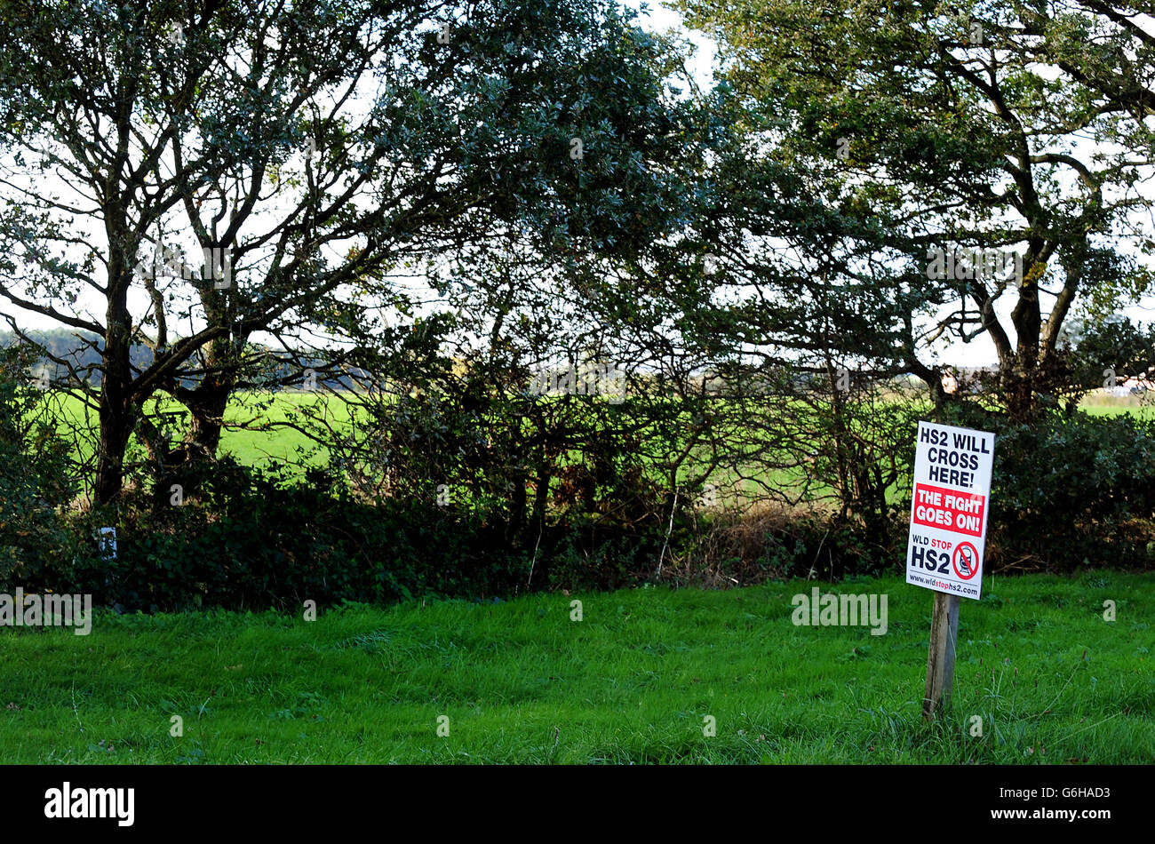 A general view of an anti HS2 sign in Whittington, Staffordshire Stock ...