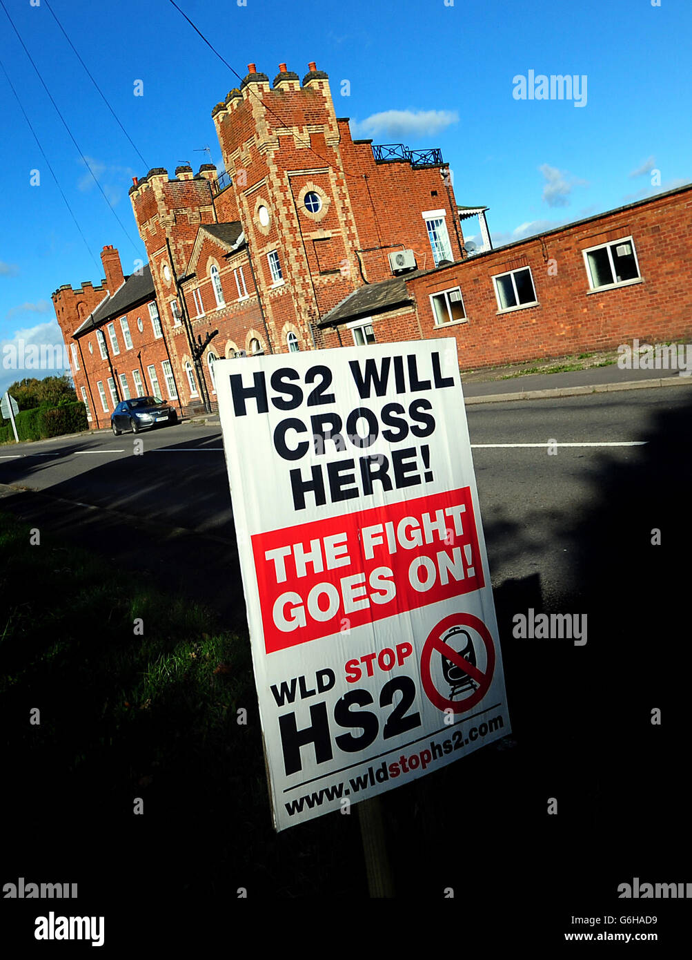 A general view of an anti HS2 sign in Whittington, Staffordshire Stock ...