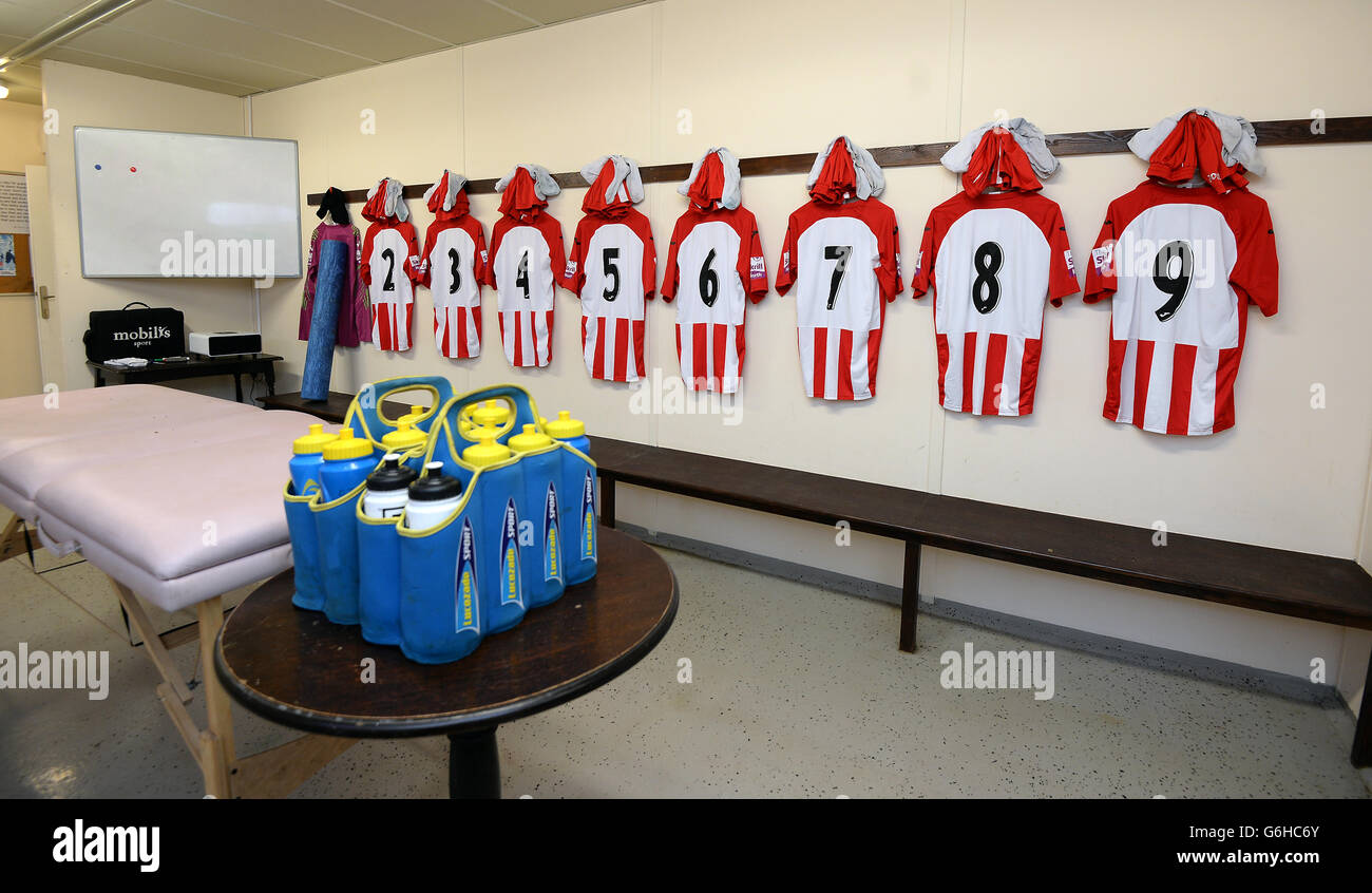General view inside the Brackley Town changing rooms at St James Park ...