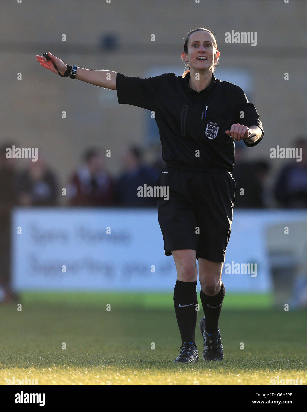 Referee Amy Fearn during the FA Cup first round match at Steel Park ...
