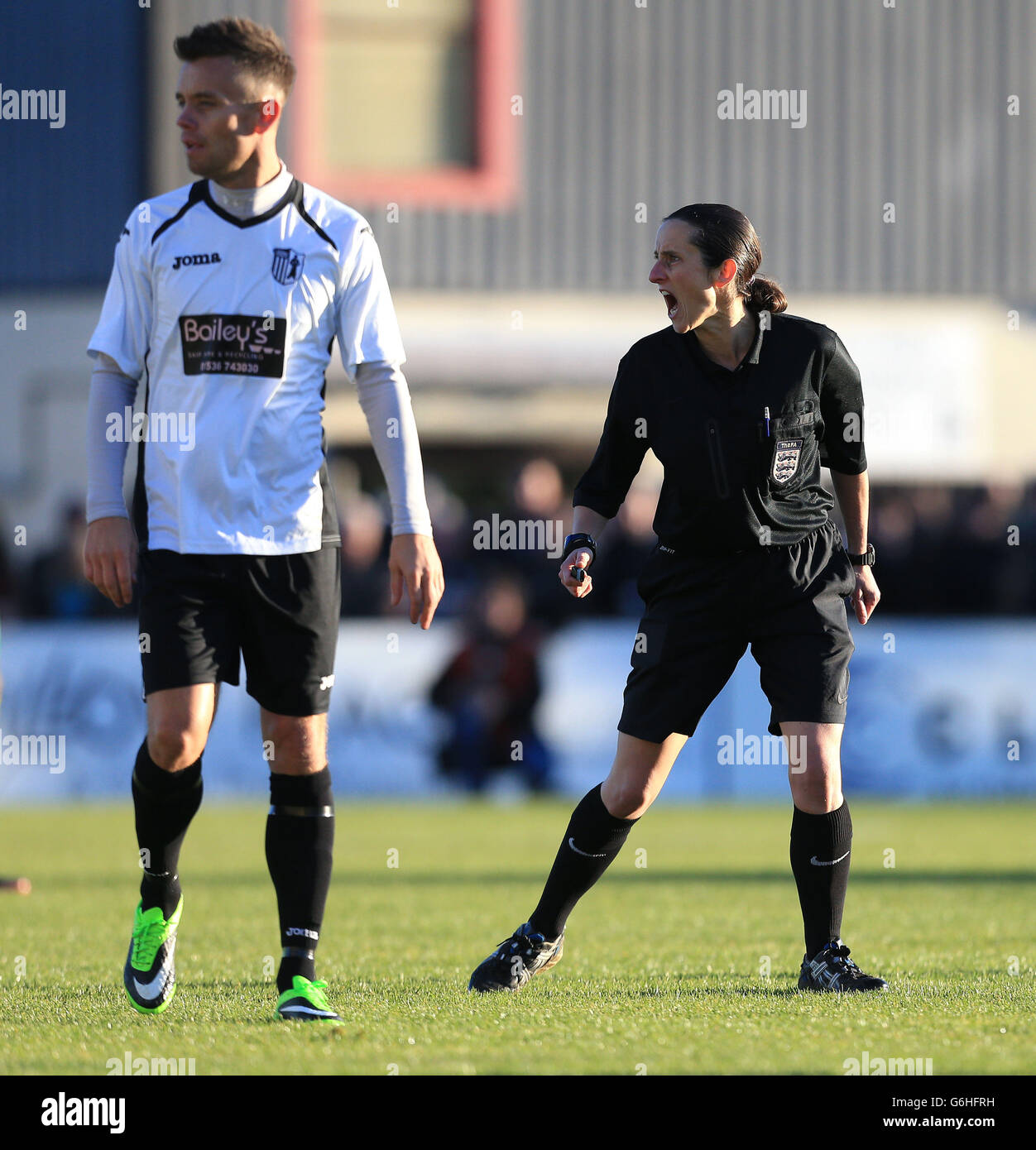 Referee Amy Fearn during the FA Cup first round match at Steel Park ...