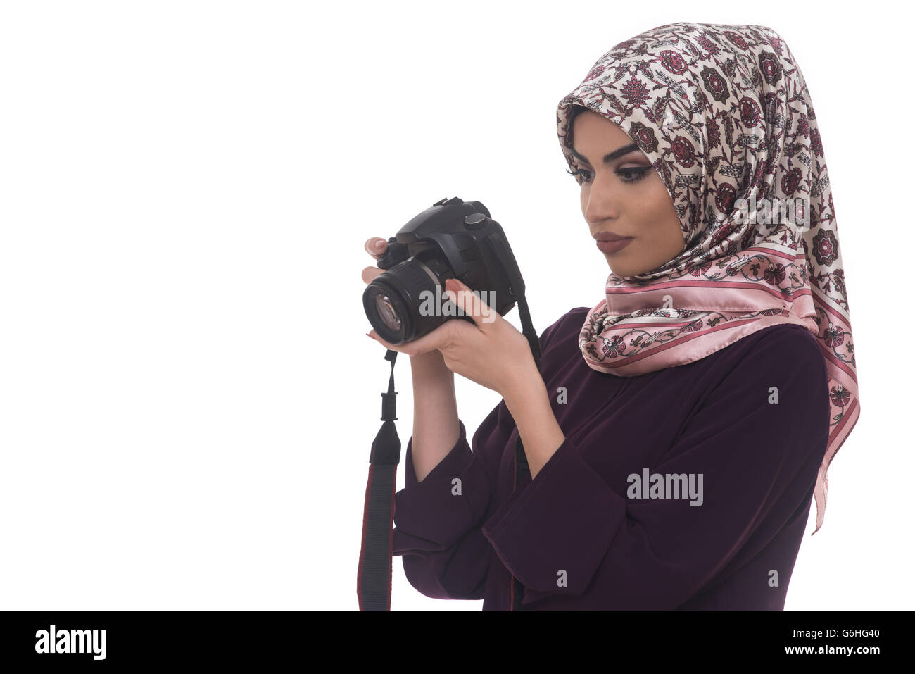 Arab Woman Photographer Holding A Dslr Camera Isolated On A White ...