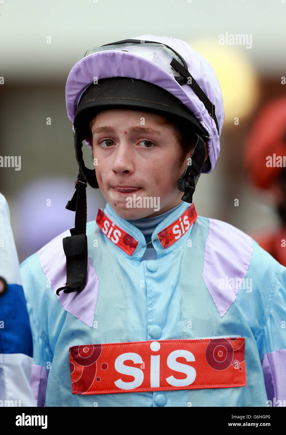 Jockey Cameron Hardie at Newbury Racecourse, Newbury Stock Photo - Alamy
