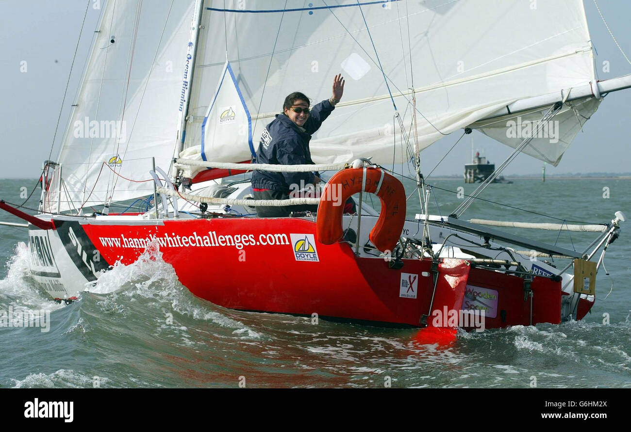 Hannah White, 20, waves from her tiny 21ft yacht as she leaves ...