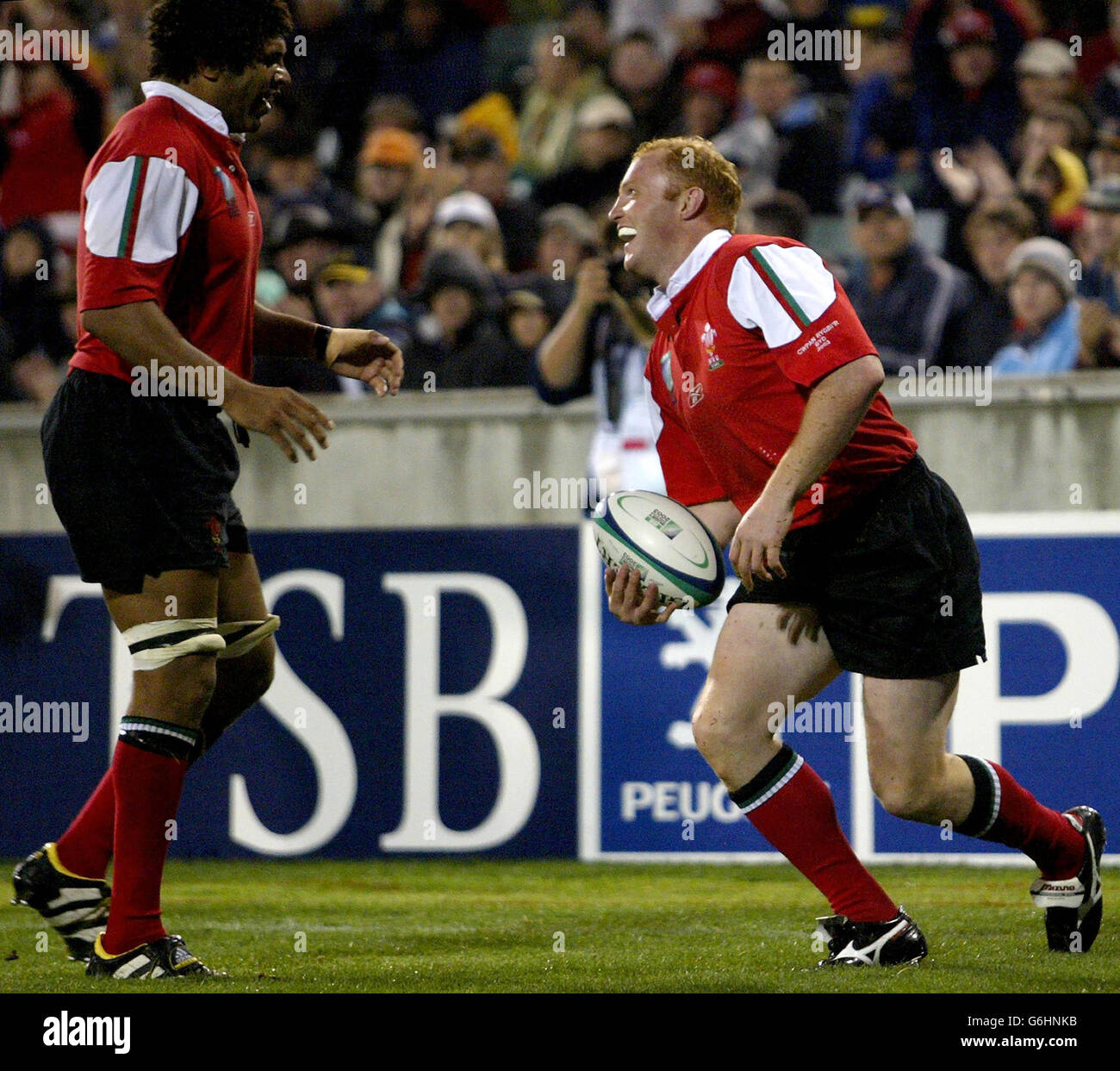 Wales' Martyn Williams turns to celebrates with captain Colin Charvis ...