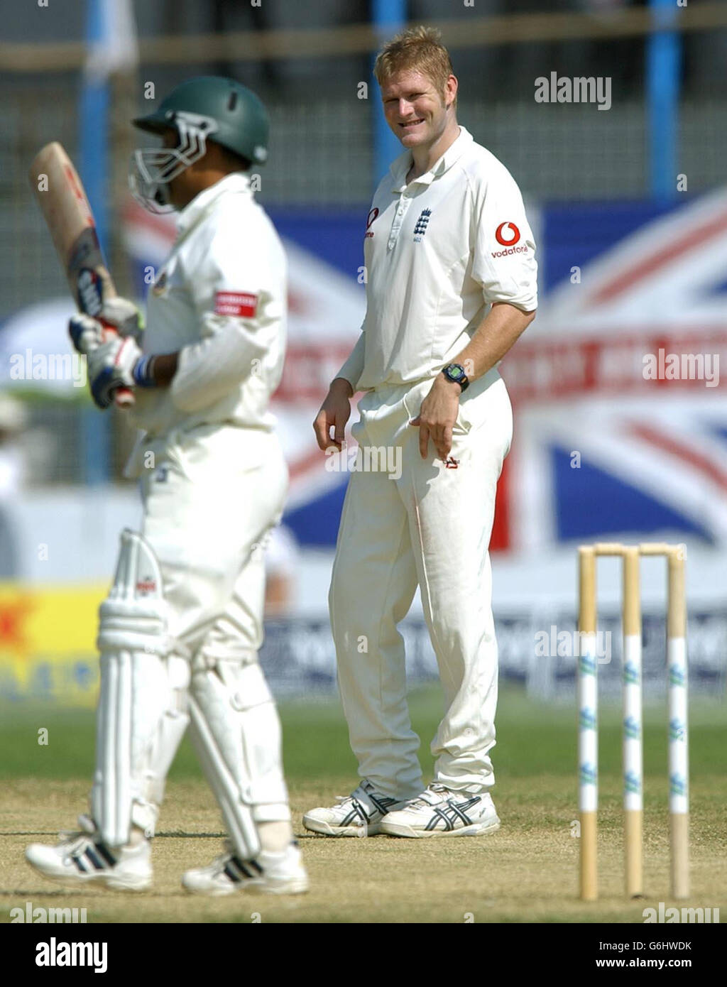 England bowler Matthew Hoggard smiles at Bangladesh captain Khaled ...