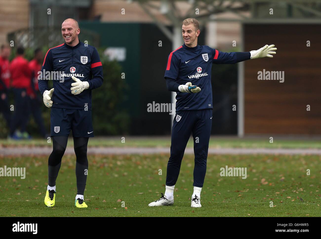 England goalkeepers John Ruddy (left) and Joe Hart during training ...