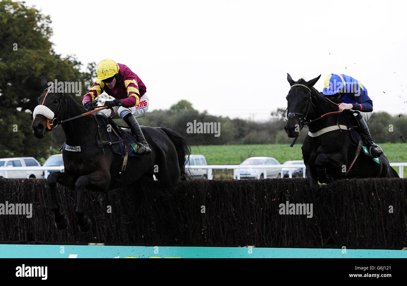 Harry Topper and Jason Maguire (left) jump the last fence as they go on ...
