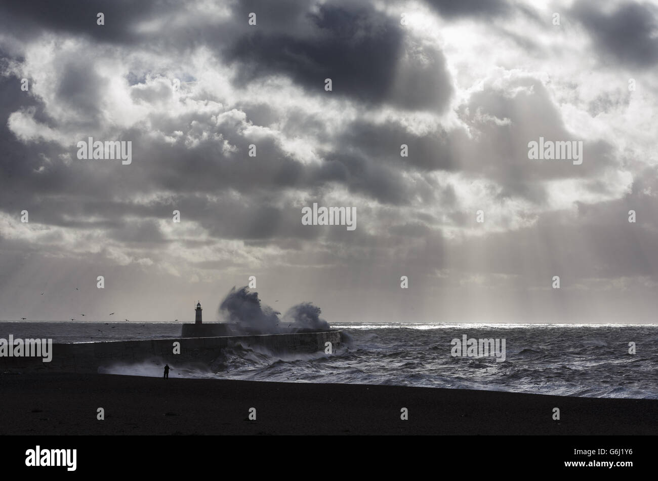 A woman watches waves crashing and seagulls soaring over the sea wall ...