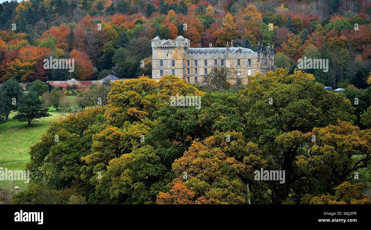 Chipchase Castle surrounded by autumnal colours, in Northumberland ...