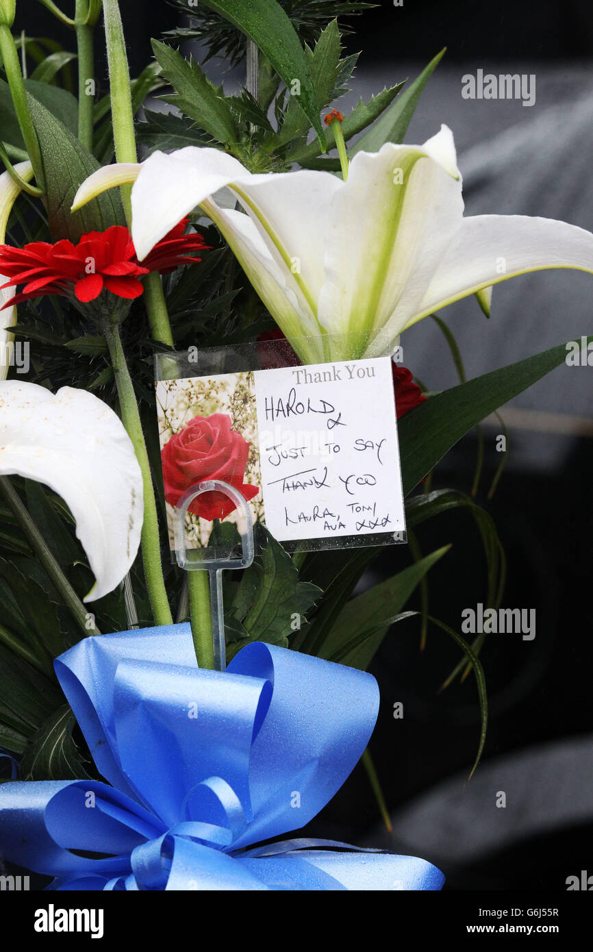 Floral tributes at the funeral of Harold Percival at Lytham Park ...