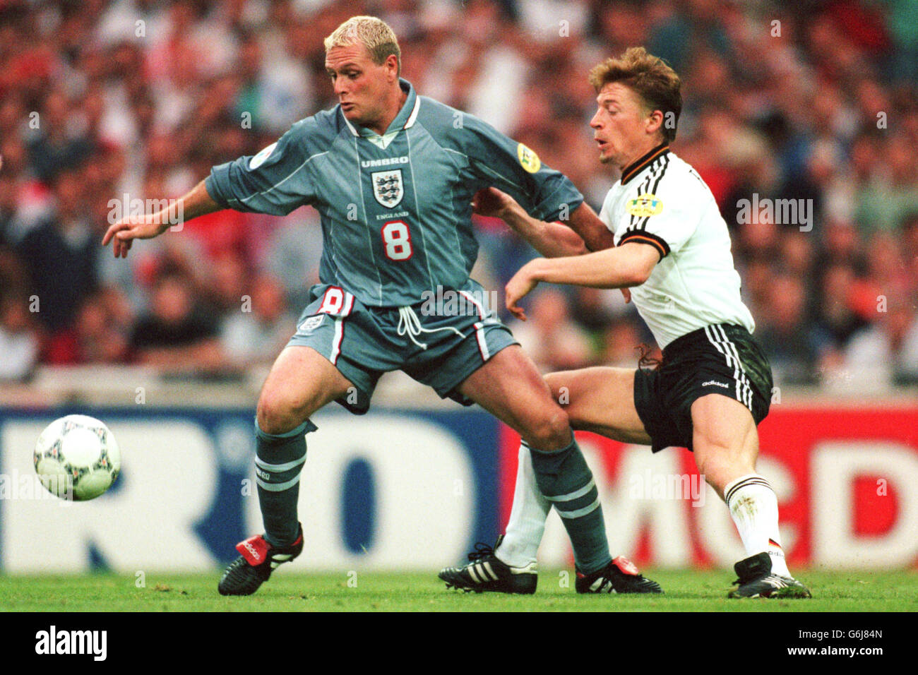 Soccer - Euro 96 - Semi-Final - England v Germany. L-R: England's Paul ...