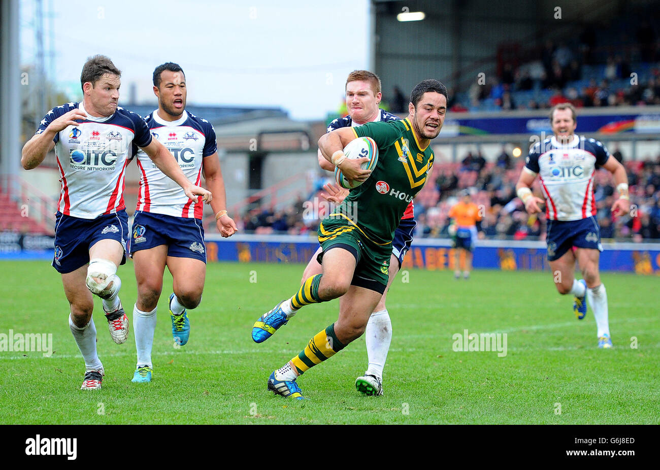 Australia's Jarryd Hayne skips away from USA's Mark Offerdahl to score ...