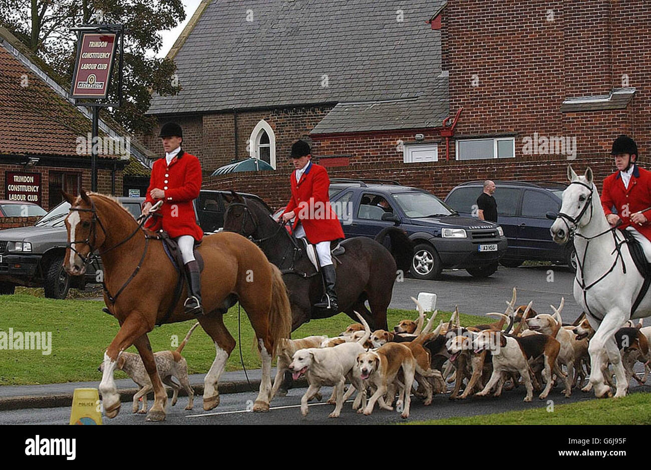 Huntsmen and hounds ride past the Trimdon Labour Club, County Durham ...