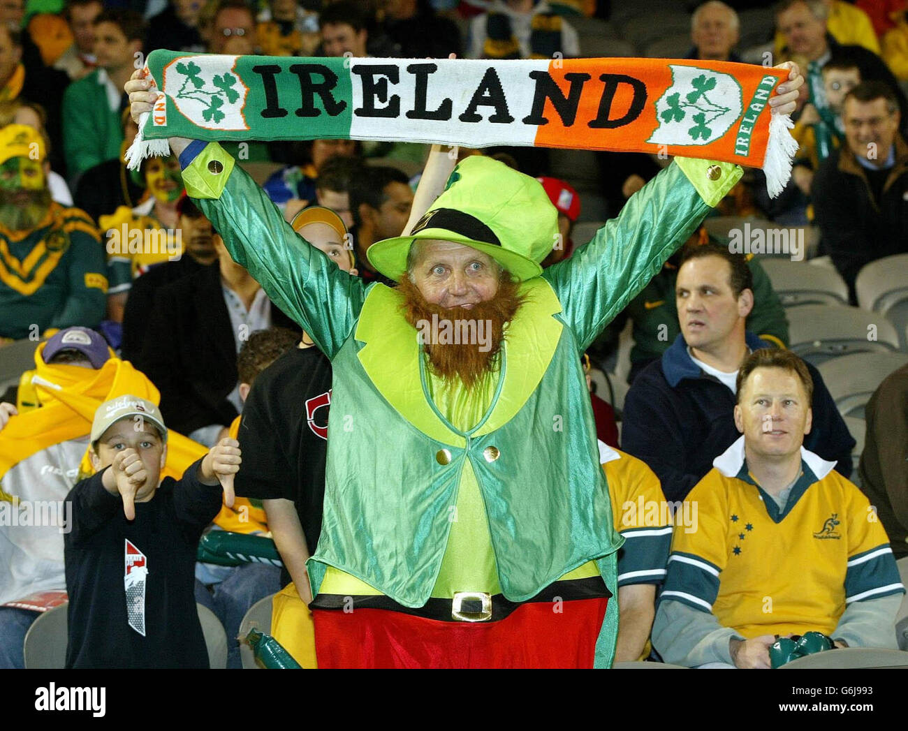 Ireland fan cheers during their 16-15 defeat by Australia in the Pool A ...