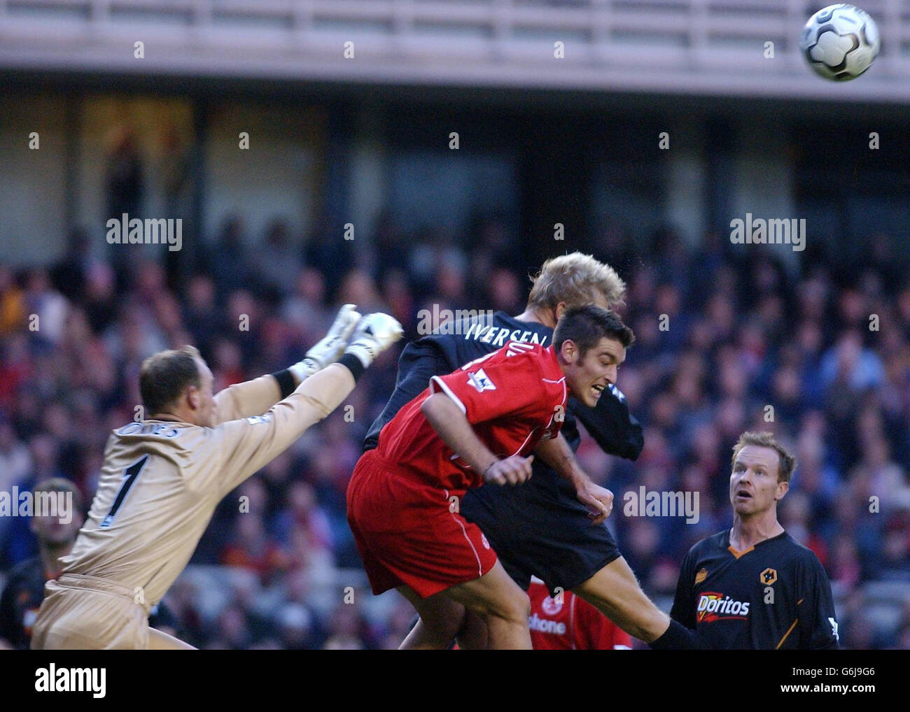 Wolverhampton 'keeper Michael Oakes punches away in the box from Boro's ...