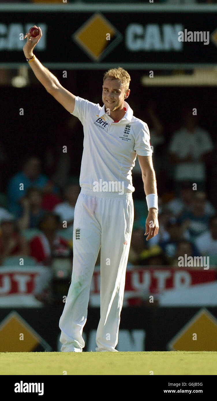 England's Stuart Broad celebrates taking his fifth wicket of the day ...
