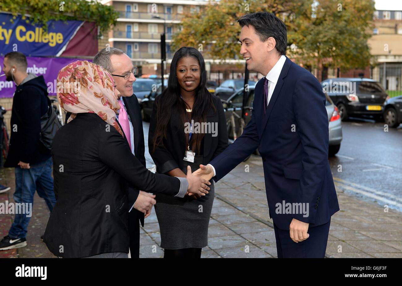 Labour leader Ed Miliband (right) meets students and Principal Ian ...