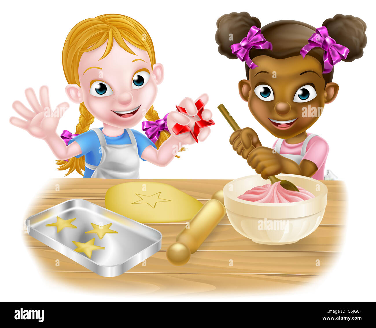 Cartoon girls, one black one white, dressed as chefs or bakers baking ...