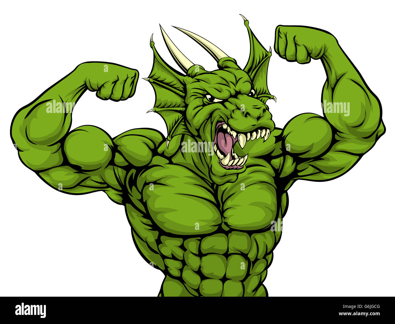 Cartoon tough mean strong green dragon sports mascot showing his bicept ...