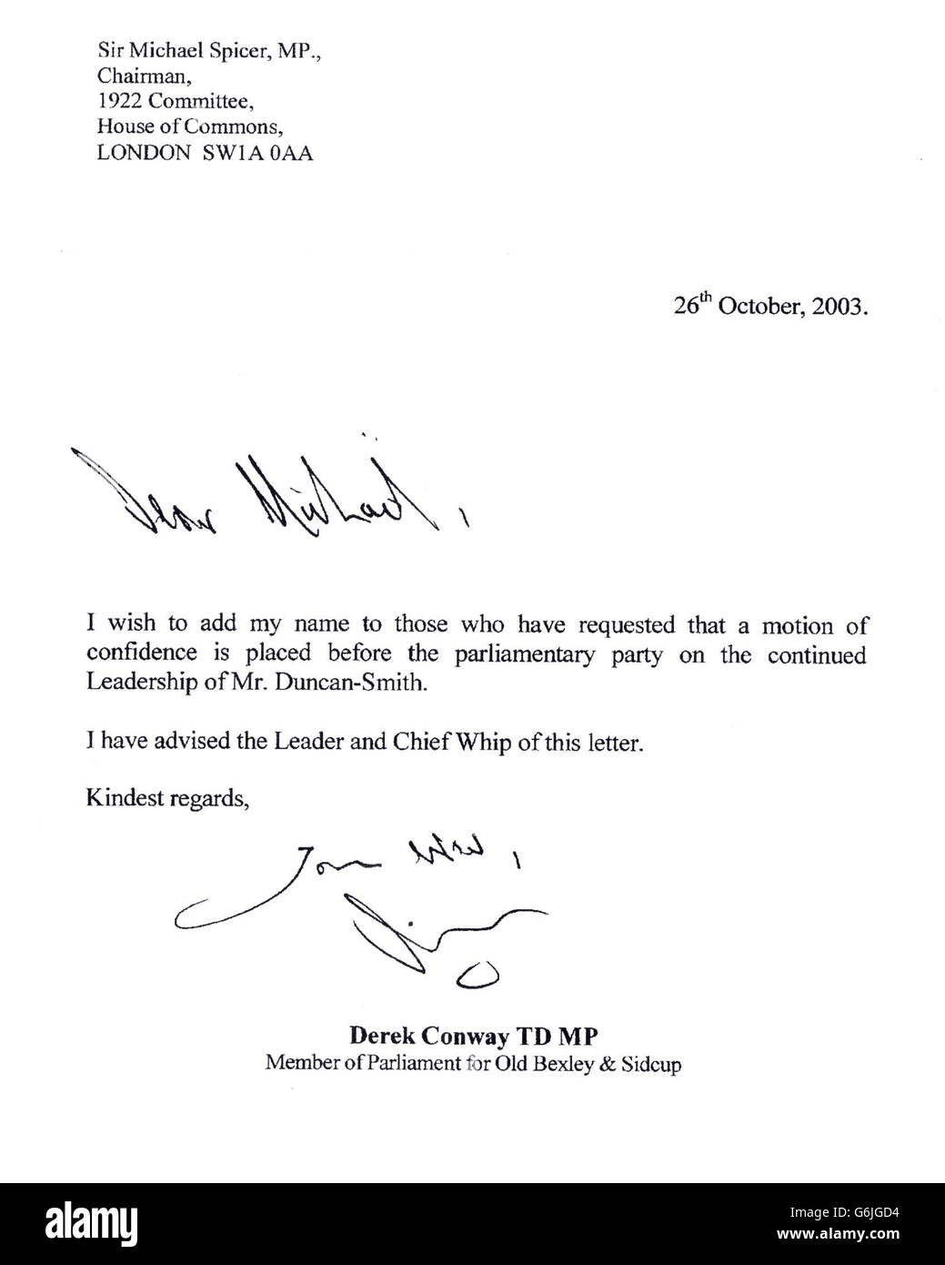 Sir Michael Spicer letter Stock Photo - Alamy